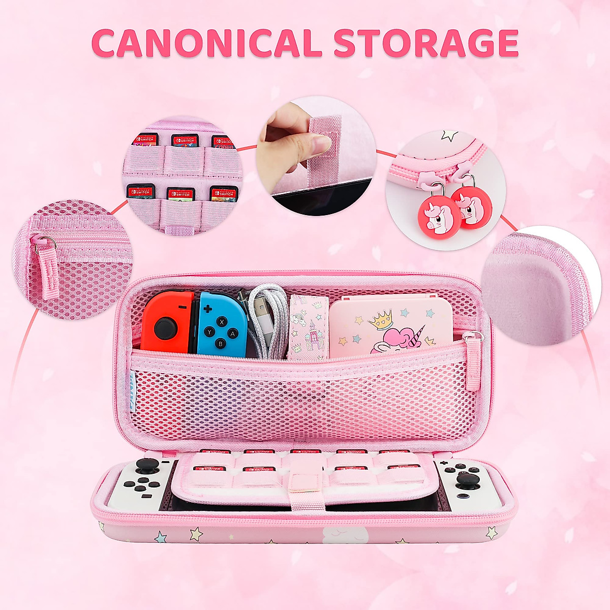 FANPL Carrying Case for Nintendo Switch & OLED Mode, Pink Cute Unicorn Travel Hard Protectiv Cover for Switch with Games Case
