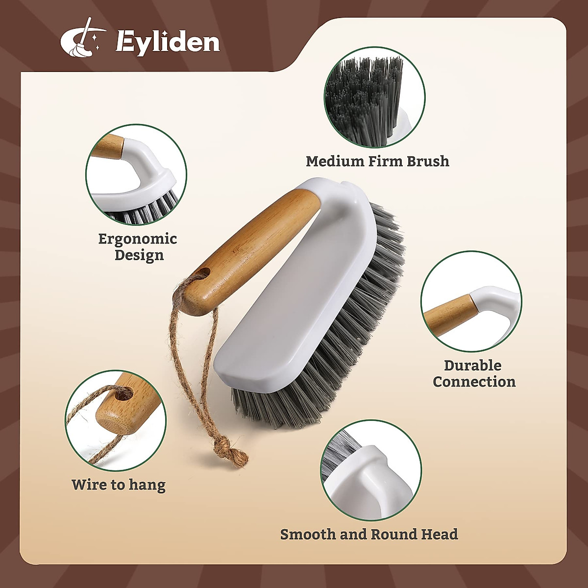 Eyliden Scrub Brush, 2 Pack Heavy-Duty Stiff Bristles Cleaning Brush, Natural Bamboo Handle, Multi Purpose Scrub Brushes for Bathroom Floor Tub Shower Kitchen Sink Carpet & Other Surface, Grey+White