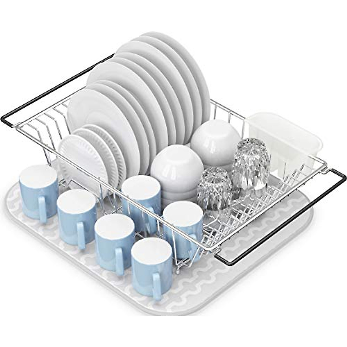 Simple Houseware Large Over Sink Counter Top Dish Drainer Drying Rack with Drying Mat and Utensil Holder, Chrome