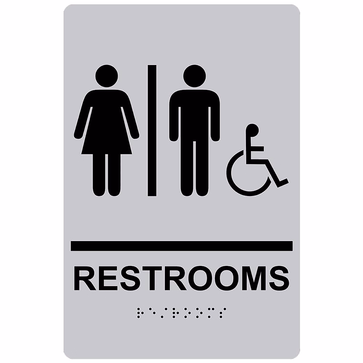 ComplianceSigns.com Restrooms Sign, ADA-Compliant Braille and Raised Letters, 9x6 in. Black on Silver Acrylic with Adhesive Mounting Strips
