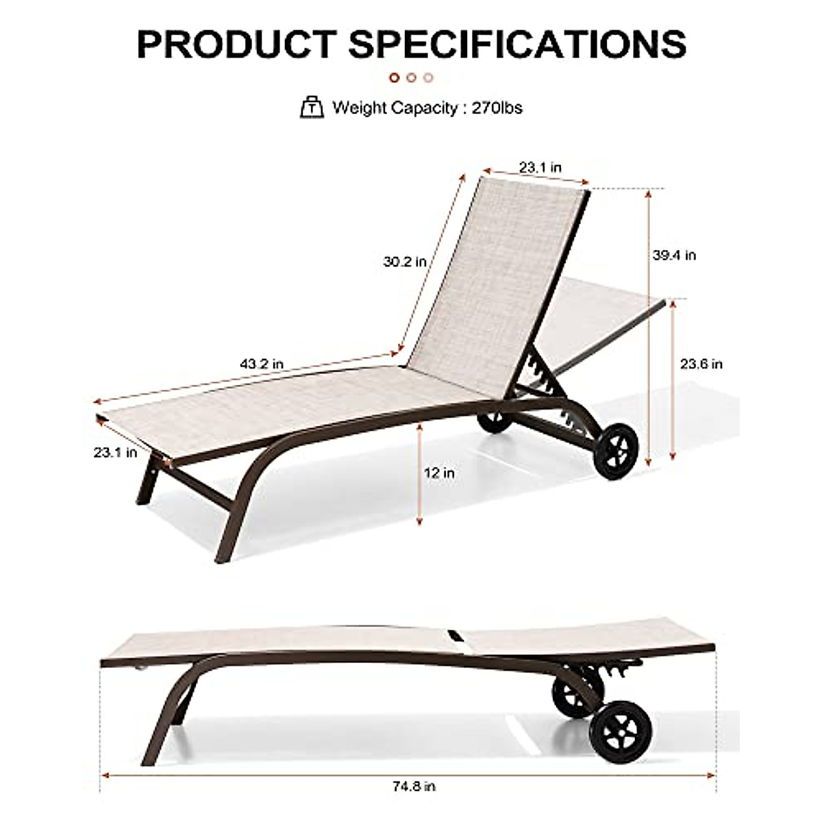 Crestlive Products Aluminum Chaise Lounge Chairs with Wheels Outdoor Adjustable Recliner Five-Position and Full Flat Tanning Chair All Weather for Patio, Beach, Yard, Pool (2PCS Beige)