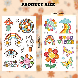 Konsait Groovy 70s Temporary Tattoos for Kids, 90 Pcs Glow in Dark Hippie Tattoos Stickers Flower Rainbow Butterfly Love and Peace Face Tattoos for Girls Flower Power Birthday Party Favor Supplies