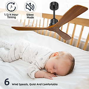 Obabala Modern Ceiling Fan No Light with Remote, Outdoor Ceiling Fan Without Light 3 blade Wood Walnut Fan for Patios/Farmhouse Reversible DC Motor, 52'', Brown