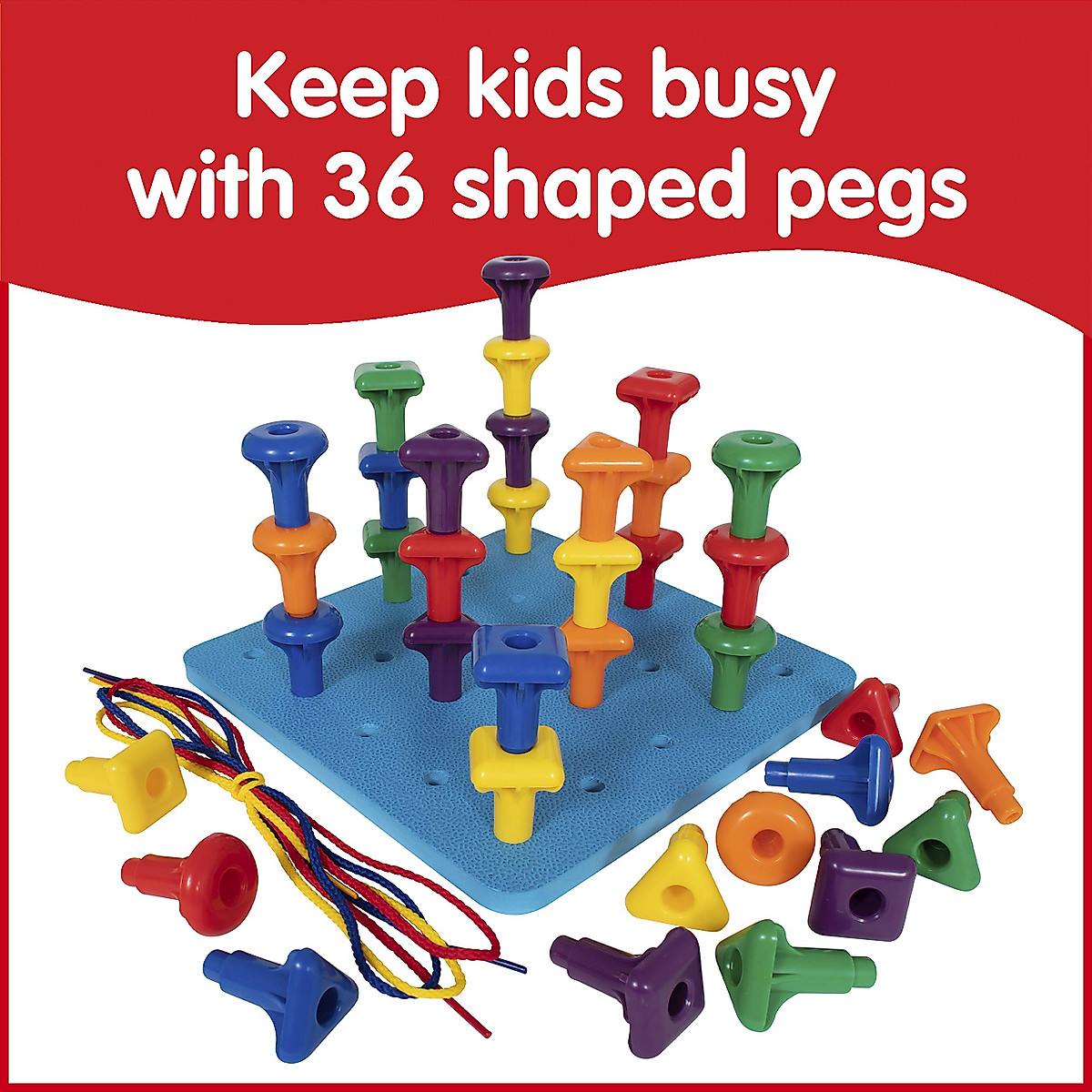 edxeducation Geo Pegs and Peg Board Set - 36 Pegs in 3 Shapes and 6 Colors + 3 Laces - Ages 18m+ - Homeschool Supplies for Preschool Activities
