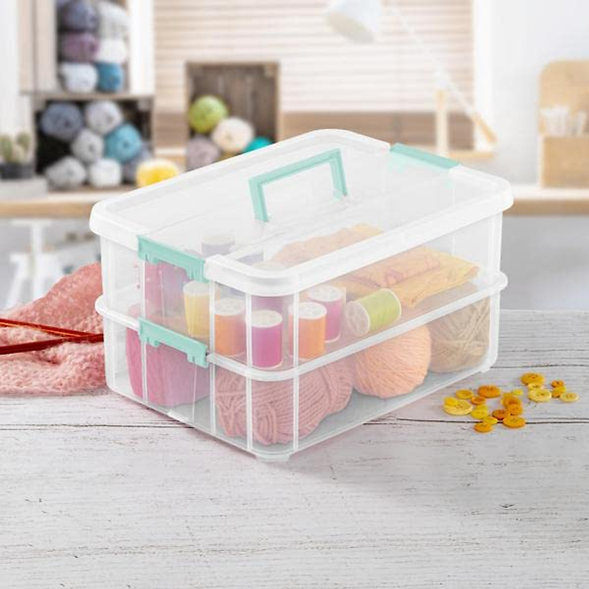 Sterilite 1427CLR Stack & Carry - 2 Layer Box, Clear Lid & Blue Handle, See-through layers