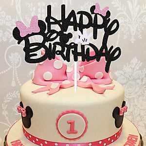 Black Glitter Minnie Inspired Happy Birthday Cake Topper with Pink Bows and White Gloves Girls Birthday Party Decorations Supplies