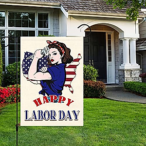 Happy Labor Day Garden Flag Celebrate Labor Day Woman Working Patriotic USA Flags 12 x 18 Double Sided Burlap Banner for Home House Outdoor Garden Yard Lawn Decor(ONLY FLAG)
