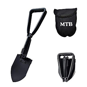 MTB Military Folding Shovel Camping Shovel,High Carbon Steel Entrenching Tool w/Wood Saw Edge and Tactical Carry Case, 18.3 Inch, Black