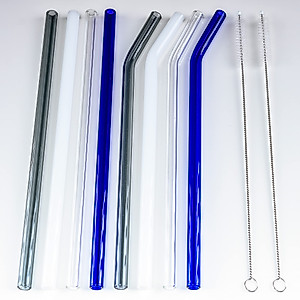Reusable Glass Straw Set | 8 Multi Color Straws with 2 Cleaning Brushes | 4 Eco Friendly Bent Glass Straws and 4 Straight Glass Tube Straws | Zero Waste Drinking Straws | Dishwasher Safe