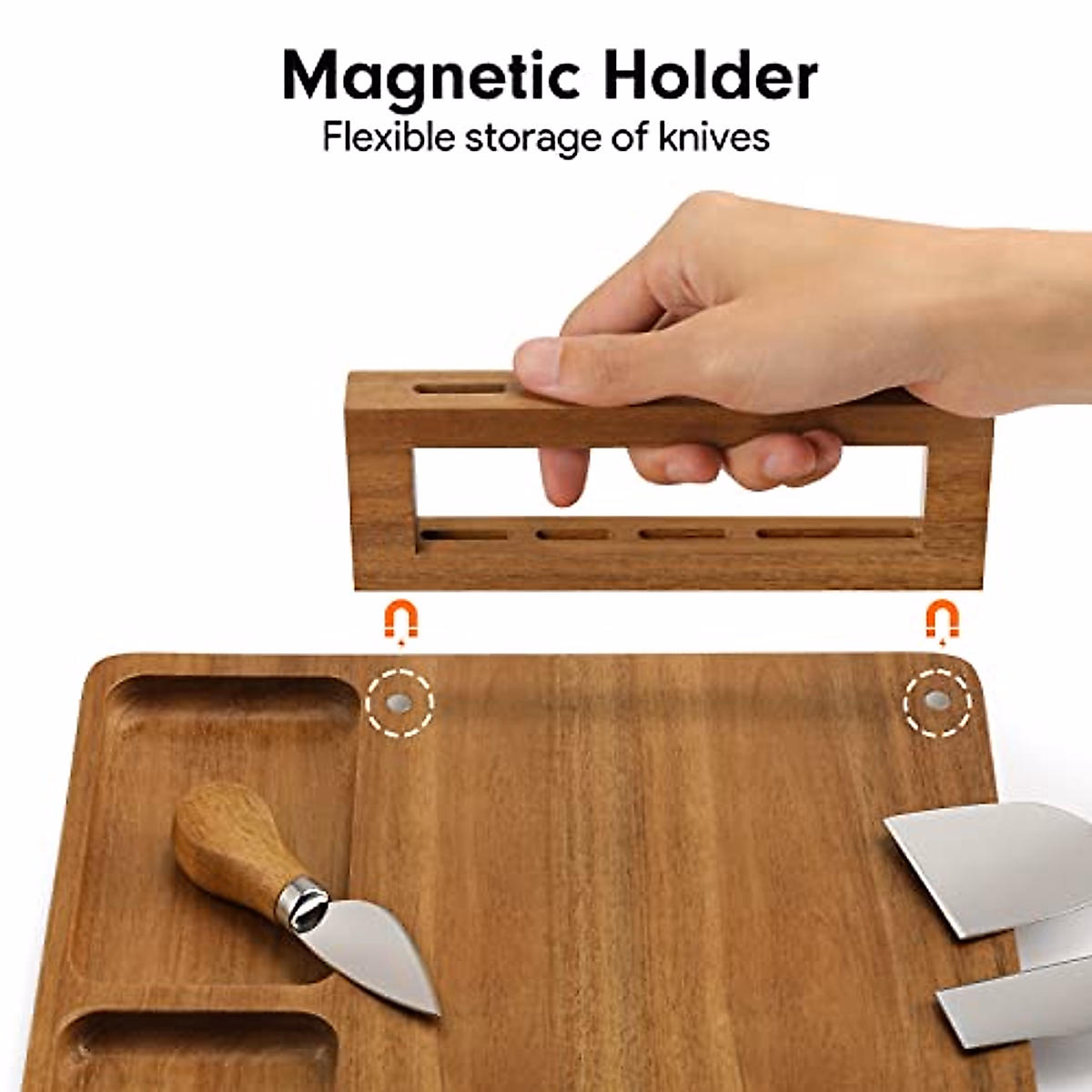 Easoger Acacia Cheese Board and Knife Set - 14” x 11” Large Charcuterie Boards Set, Cheese Tray Platter Servers with Magnetic Knife Holder, Gift for House Warming, Anniversary, Christmas, Thanksgiving