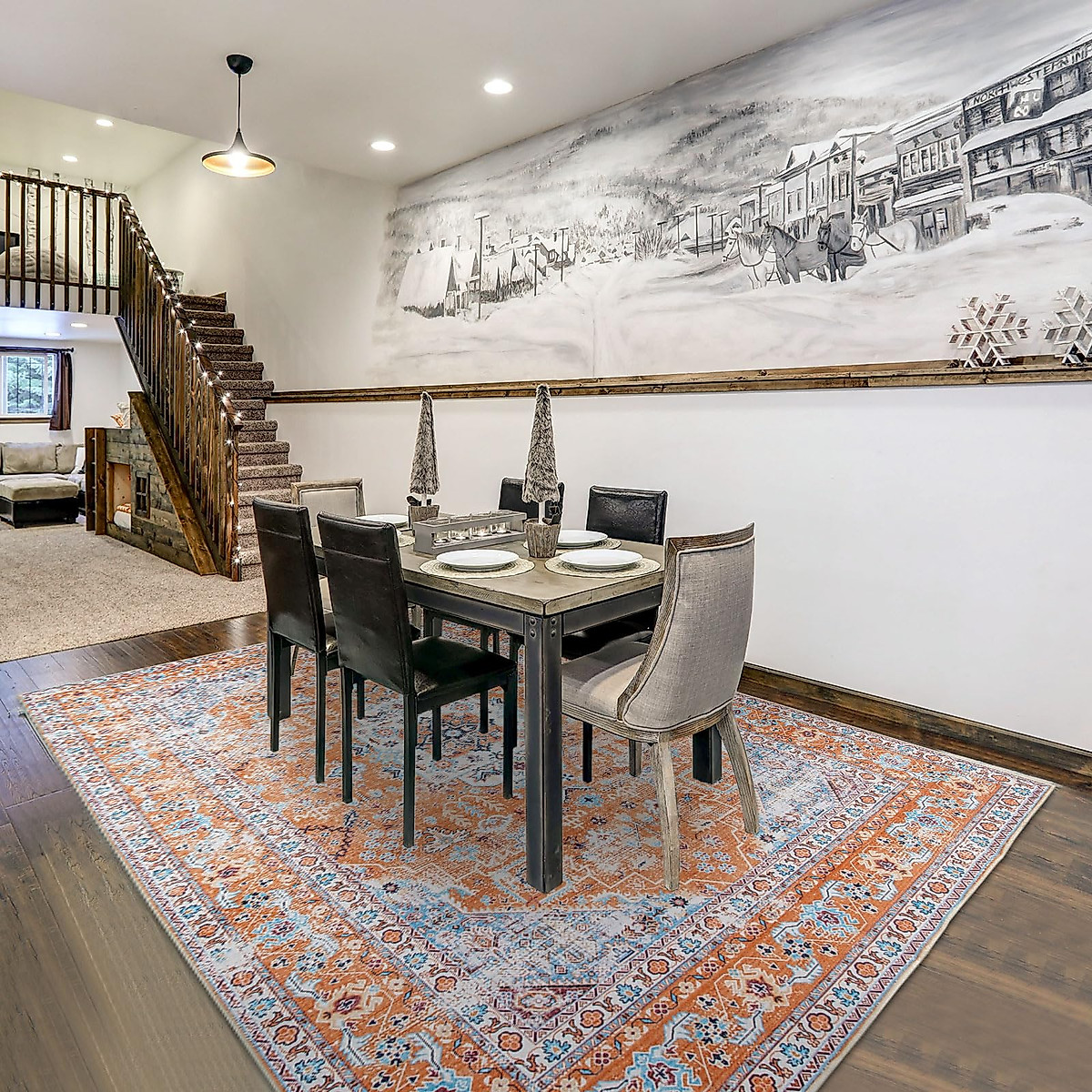 DECOMALL Kalina Washable Area Rugs 8x10ft, Bohemian Vintage Foldable Large Carpet for Living Room Bedroom, Orange