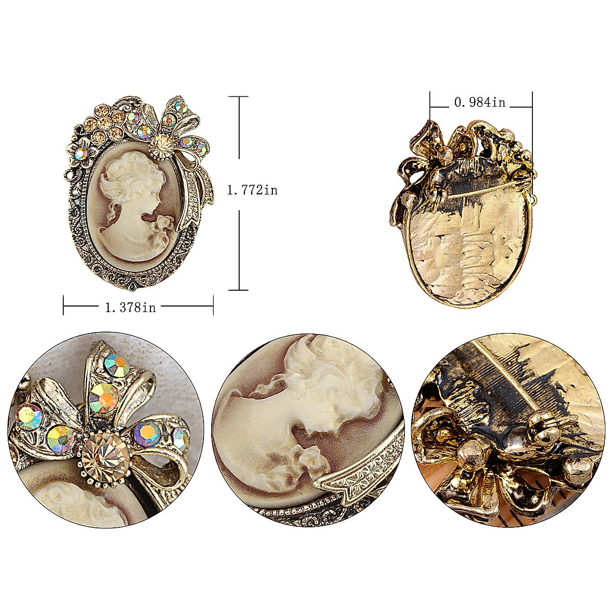 Alilang Vintage Inspired Crystal Rhinestone Victorian Lady Cameo Brooch Pin Maiden Flower Ribbon Bow Pendant
