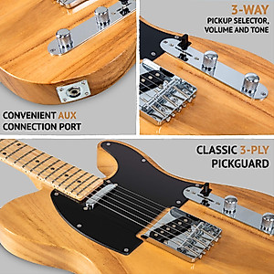 LyxPro 39” Electric Guitar TL Series, Full-Size Paulownia Wood Body, 3-Ply Pickguard, C-Shape Neck, Ashtray Bridge, Quality Gear Tuners, 3-Way Switch & Volume/Tone Controls, 2 Picks Included, Natural