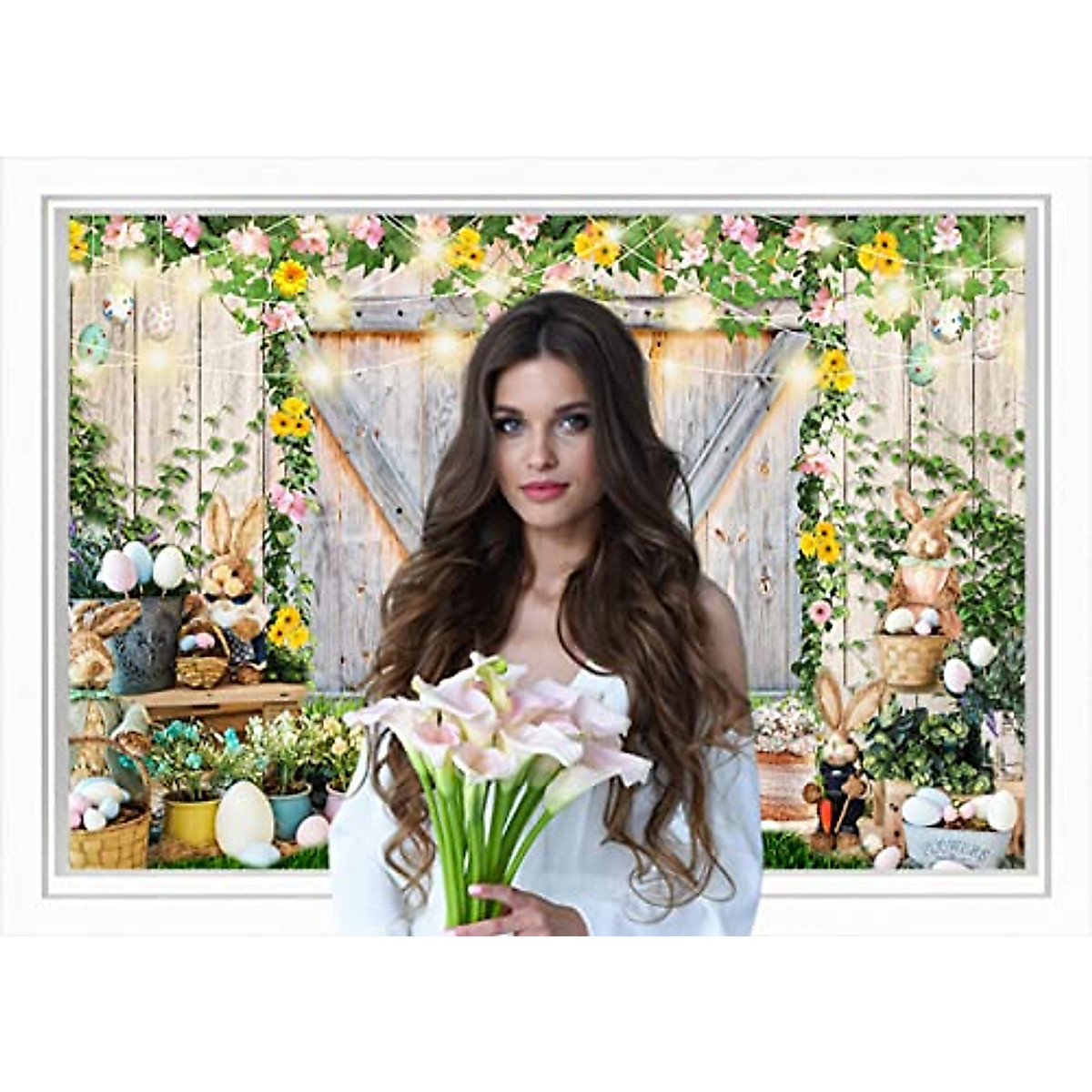 8x6ft Easter Spring Backdrop, Rustic Wooden Door Wall Bunny Rabbit Eggs Flower Greenery Photography Background Baby Shower Kids Birthday Party Decor Portrait Banner Photo Booth Studio Props