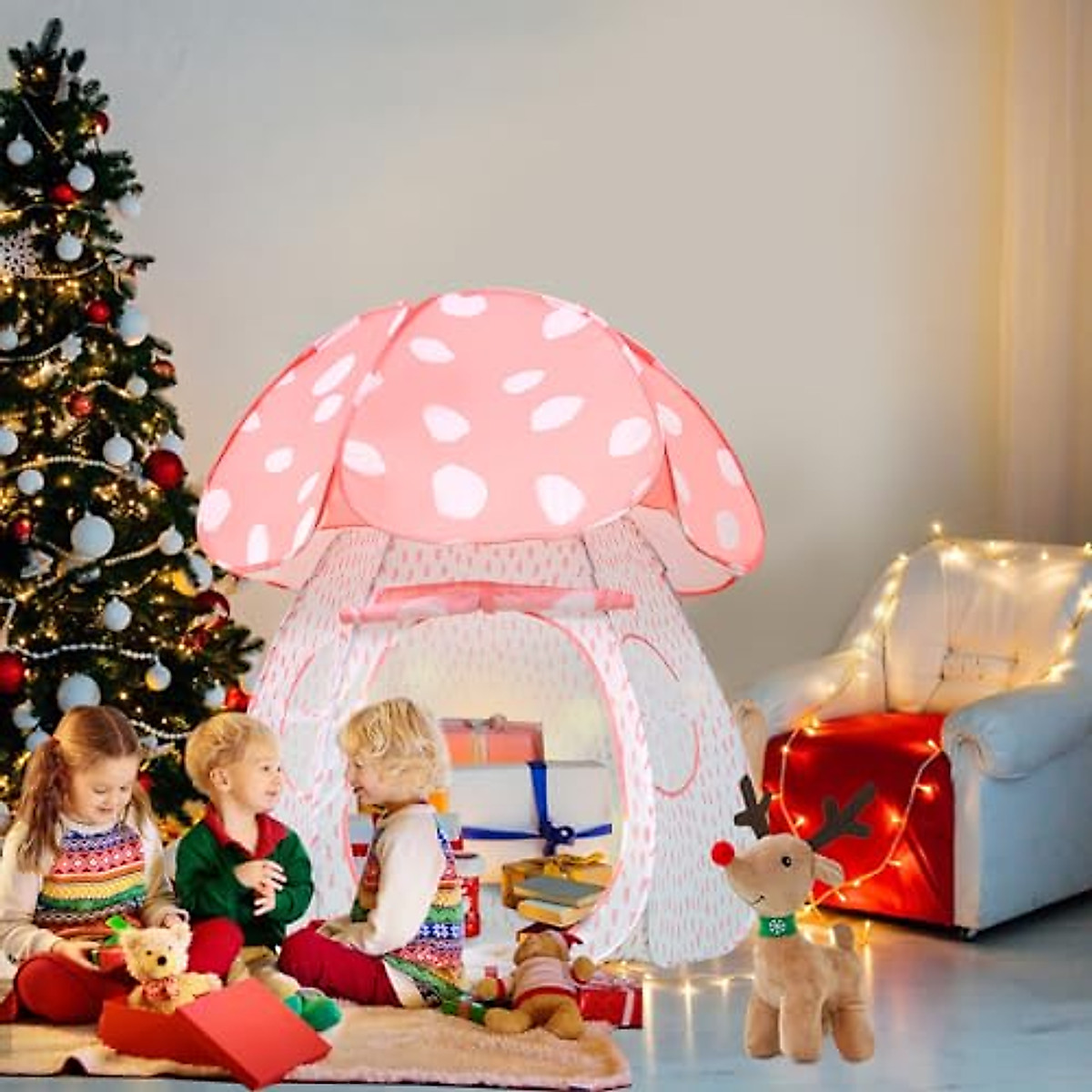 ENCHEAR Kid Play Tent Pop Up Tent Indoor Outdoor Large Space Playhouse for Boys and Girls Foldable Unique Mushroom Tent Patented (43in*57in, Pink Mushroom)