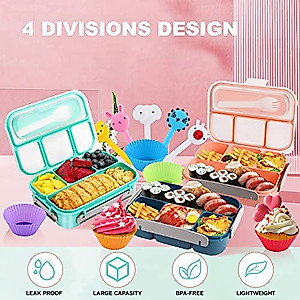 Bento Lunch Box for Kids,Bento Box Adult Lunch Box Containers,1300ML-4 Compartment Lunch Containers for Kids/Adults,with 7 Cake Cups 10 Food Picks,BPA-Free,Microwave Dishwasher Freezer Safe (Blue)