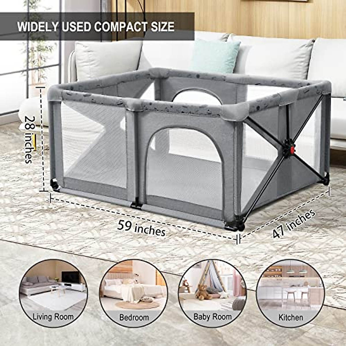 Yacul 29.3"-51.5" Stair Gate Black & Foldable Baby Playpen with Carry Bag, Lightweight Play Pen for Babies and Toddlers Easy to Assemble or Disassemble, 59x47x28 Inches