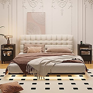 Saudism Black Nightstand with Charging Station, End Table with Glass Drawers, Night Stand with LED Lights, Wood Bedside Tables for Bedroom, 15.7”×13.7”×23.8”