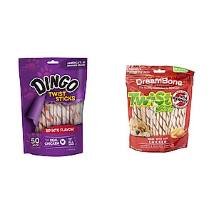 Dingo Twist Sticks (50 Count) and DreamBone Twist Sticks (50 Count) - Chicken Flavored Rawhide and Rawhide-Free Dog Chews