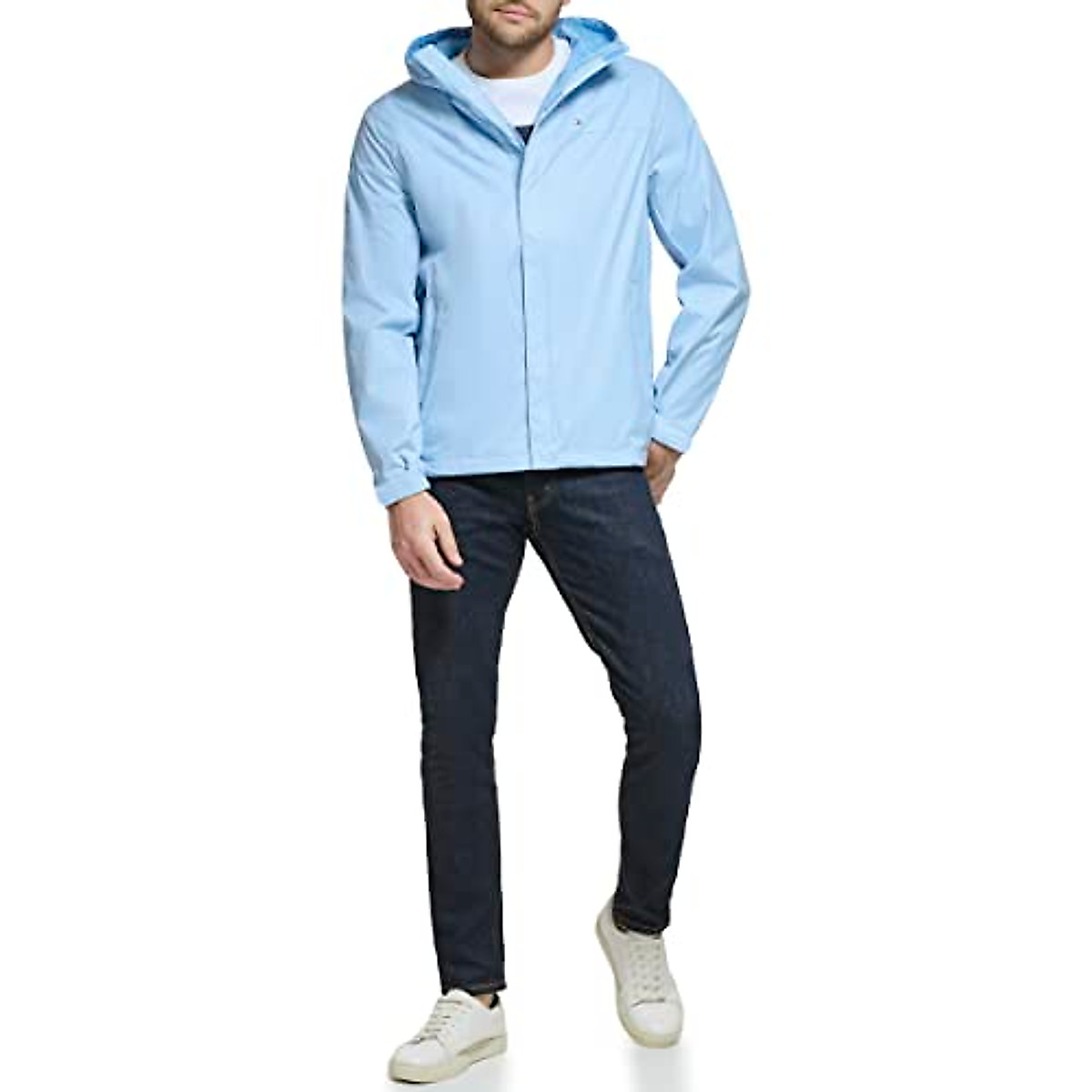 Tommy Hilfiger Men's Lightweight Breathable Waterproof Hooded Jacket, Powder Blue, Large