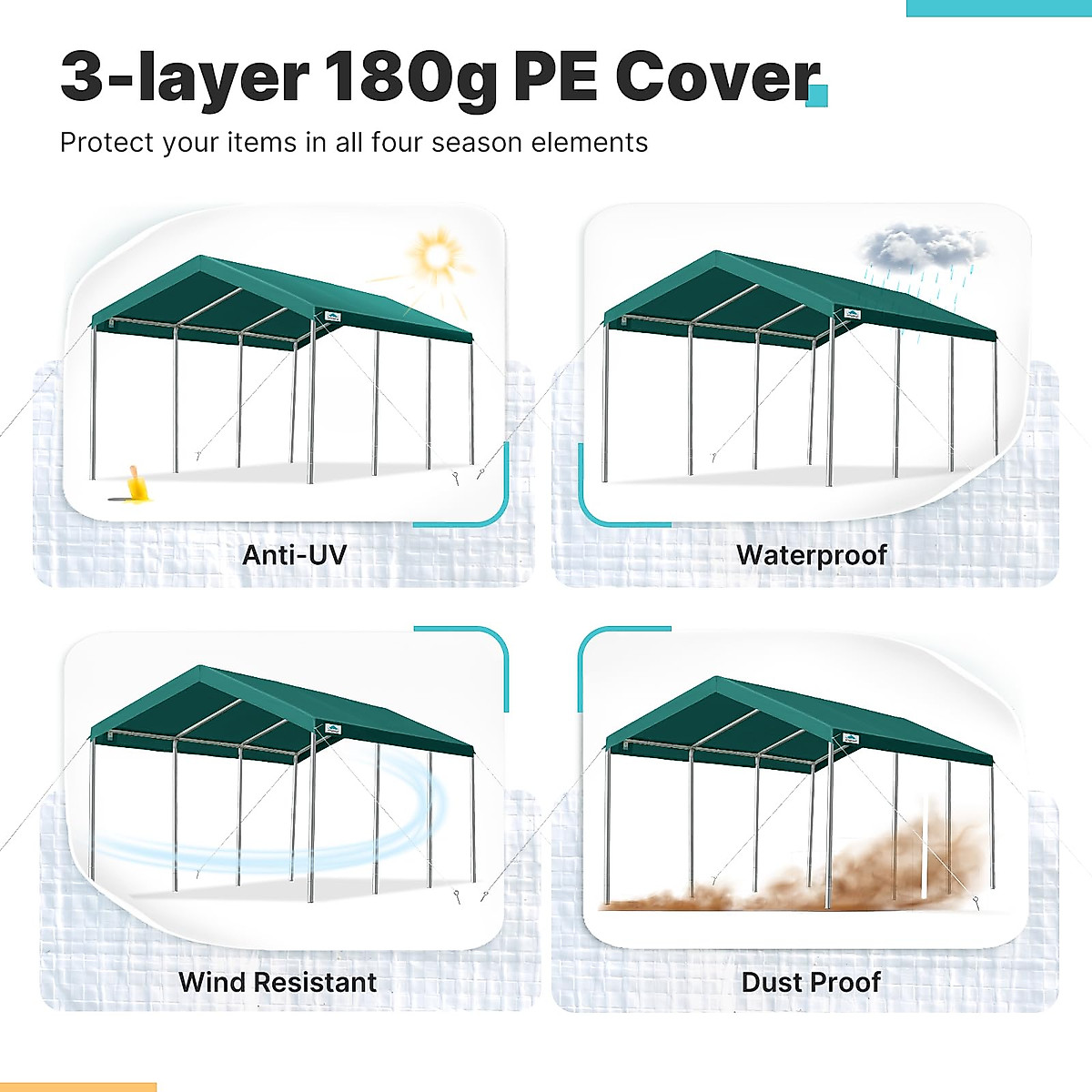 ADVANCE OUTDOOR 10x20 ft Heavy Duty Carport Potable Car Canopy Garage Party Tent Boat Shelter, Adjustable Height from 9.5 ft to 11 ft, Green
