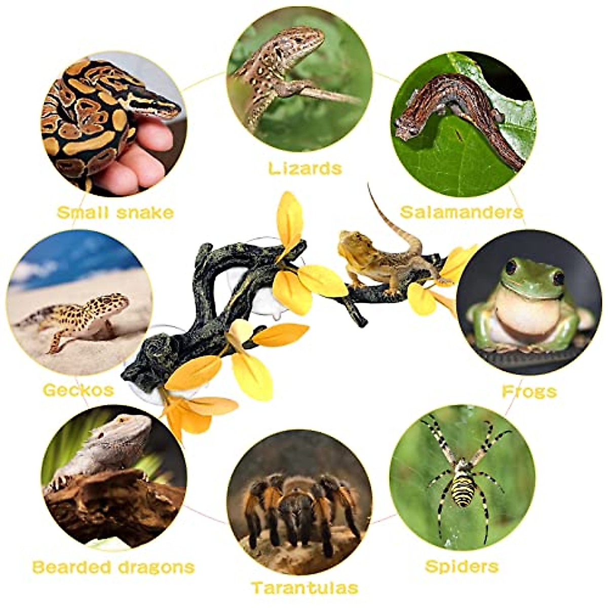 kathson Reptile Corner Branch, Lizard Climb Branches Decor Terrarium Plant Decoration with Suction Cup Reptile Tank Plant Ornament for Bearded Dragons Gecko Snake Spider Frog Climbing (Yellow)