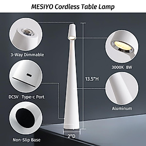 MESIYO Cordless Table Lamps, Outdoor Portable Battery Operated Lamp Rechargeable Led Touch Battery Table Lamp 3 Level Brightness Cordless Lamp for Restaurant, Bedroom, Couple Dinner, Camping (White)