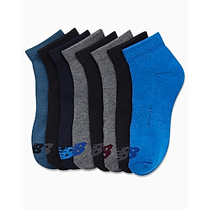 New Balance Boys' Quarter Socks - 8 Pack Performance Cushion Comfort Socks - Athletic Quarter Socks for Boys (4-12), Size Medium, Blue Assorted