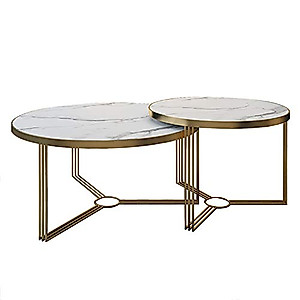 2 Piece Round Nested Coffee Table, Artificial Marble Tabletop Metal Frame Coffee Table for Living Room, Small Side Coffee Table