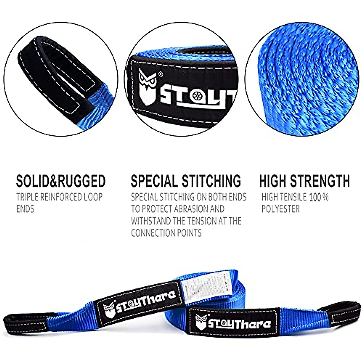 Stay There 3'' × 20ft Tow Recovery Strap, Heavy Duty with 30,000 lb Capacity-Emergency Towing Rope for Recovery Vechiles-Storage Bag (Blue)