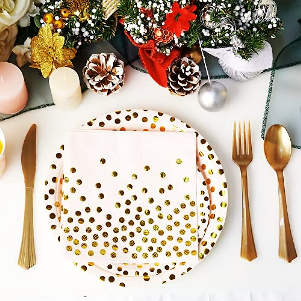 Pink and Gold Party Supplies – 175 Disposable Dinnerware Set Gold Dots on Pink Paper Plates Cups and Napkins, Gold Plastic Knives Spoons Forks for Baby Shower Wedding Party Bridal Shower