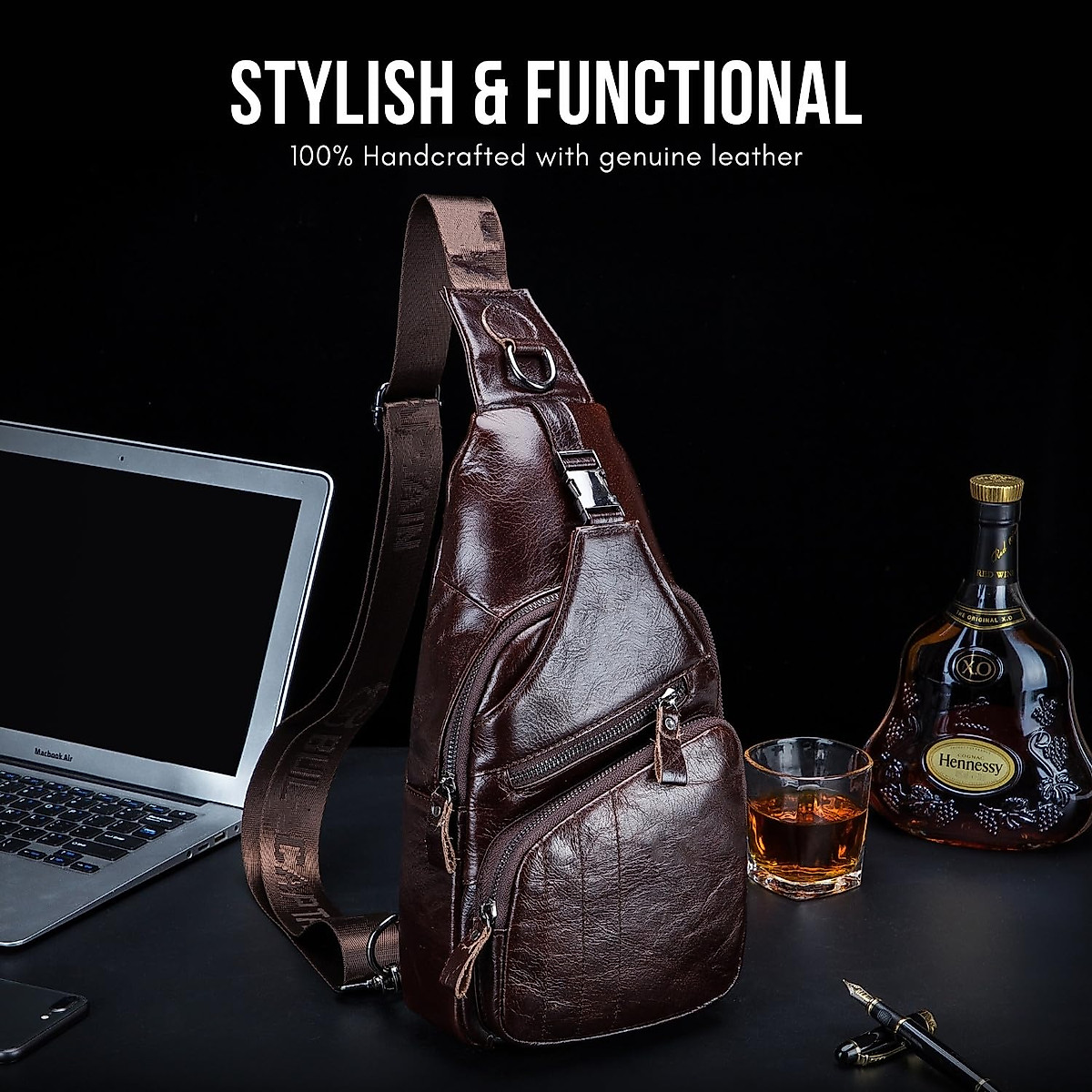Leather Sling Bag Small Purse for Men Women Crossbady Bag Chest Bags Shoulder Backpack Cross Body Man Womens Water Resistant Vintage