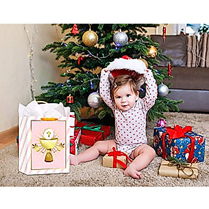 FaCraft First Communion Gift Bag for Kids Boys Girl 11" Baptism Gifts Bag with Handle Large Gift Bag with Tissue Paper for Christian Christenings Confirmations Religious Cross Gift Bags for Girl Boy