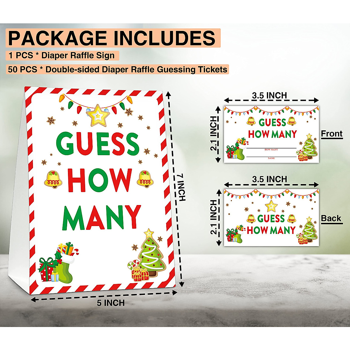 Christmas Bridal Shower Game Sign and Card, Christmas Guess How Many Party Game Set, 1 Sign With 50 Guess Tickets –LK-016
