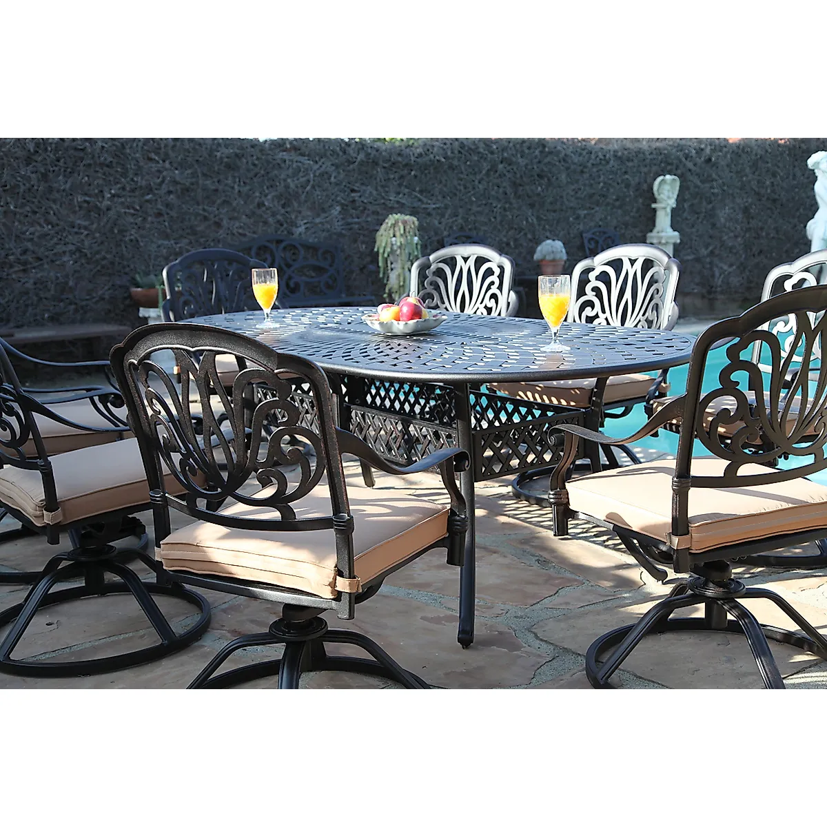 GrandPatioFurniture.com CBM Patio Elisabeth Collection Cast Aluminum 9 Piece Dining Set with 8 Swivel Rockers SH211-8S CBM1290