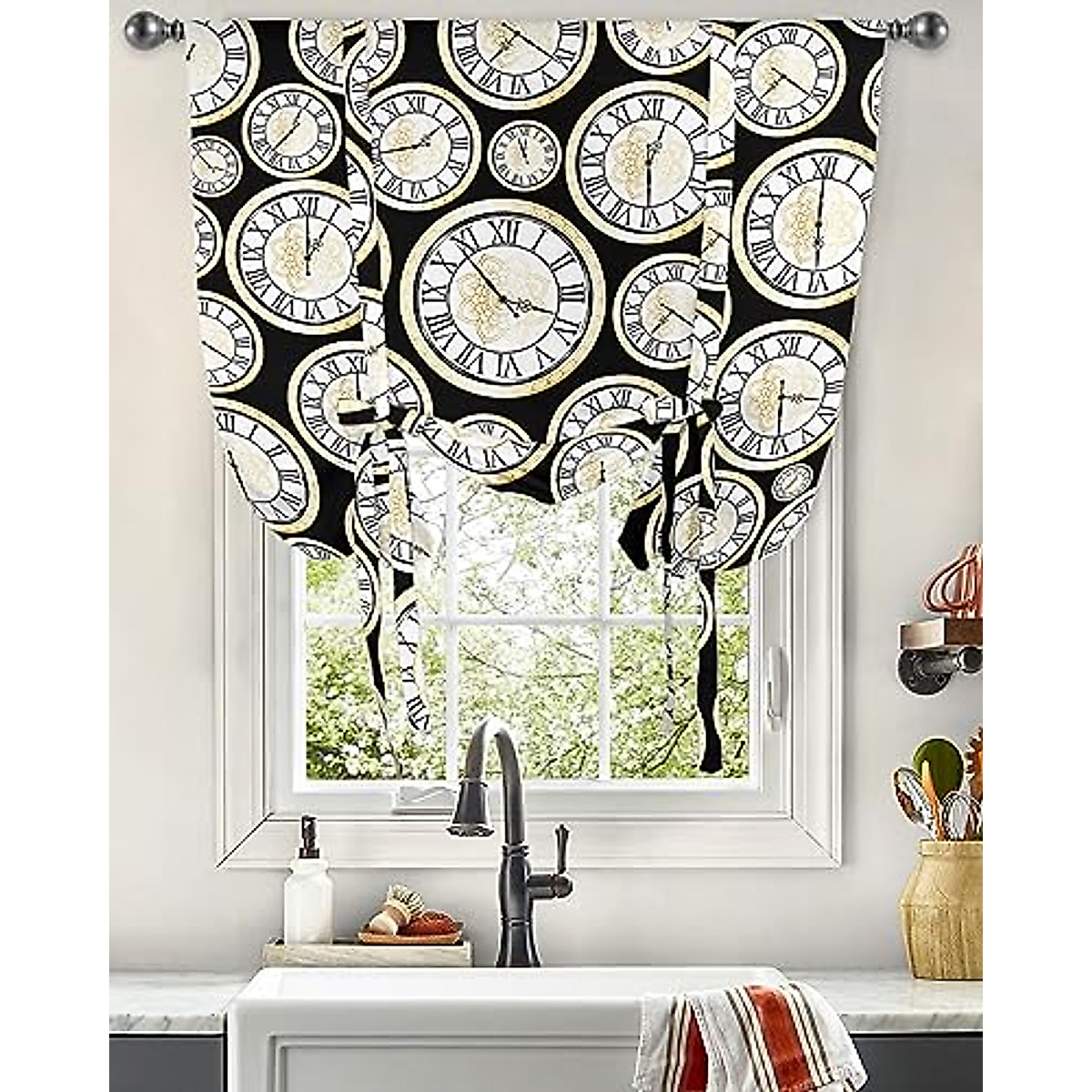 AMZRicher Gold Floral Tie Up Curtains for Window, Black White Clock Minimalist Geometry Thermal Insulted Balloon Shade Adjustable Rod Pocket Curtains Valance Panels for Kitchen Bathroom Café 46 x 63