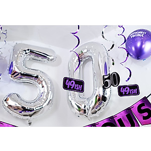 50 & Fabulous Birthday Party Pack - Purple & Silver Happy Birthday Bunting, Balloon, and Swirls Pack- Birthday Decorations - 50th Birthday Party Supplies