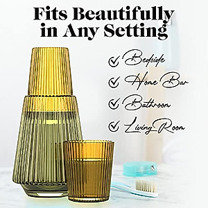 American Atelier Vintage Bedside Water Carafe with Tumbler – 37 Oz Ribbed Pitcher and Matching Drinking Glass Doubles as Lid for Guest Room, Office, or Gift, 4.5”x 9.25" (Amber)