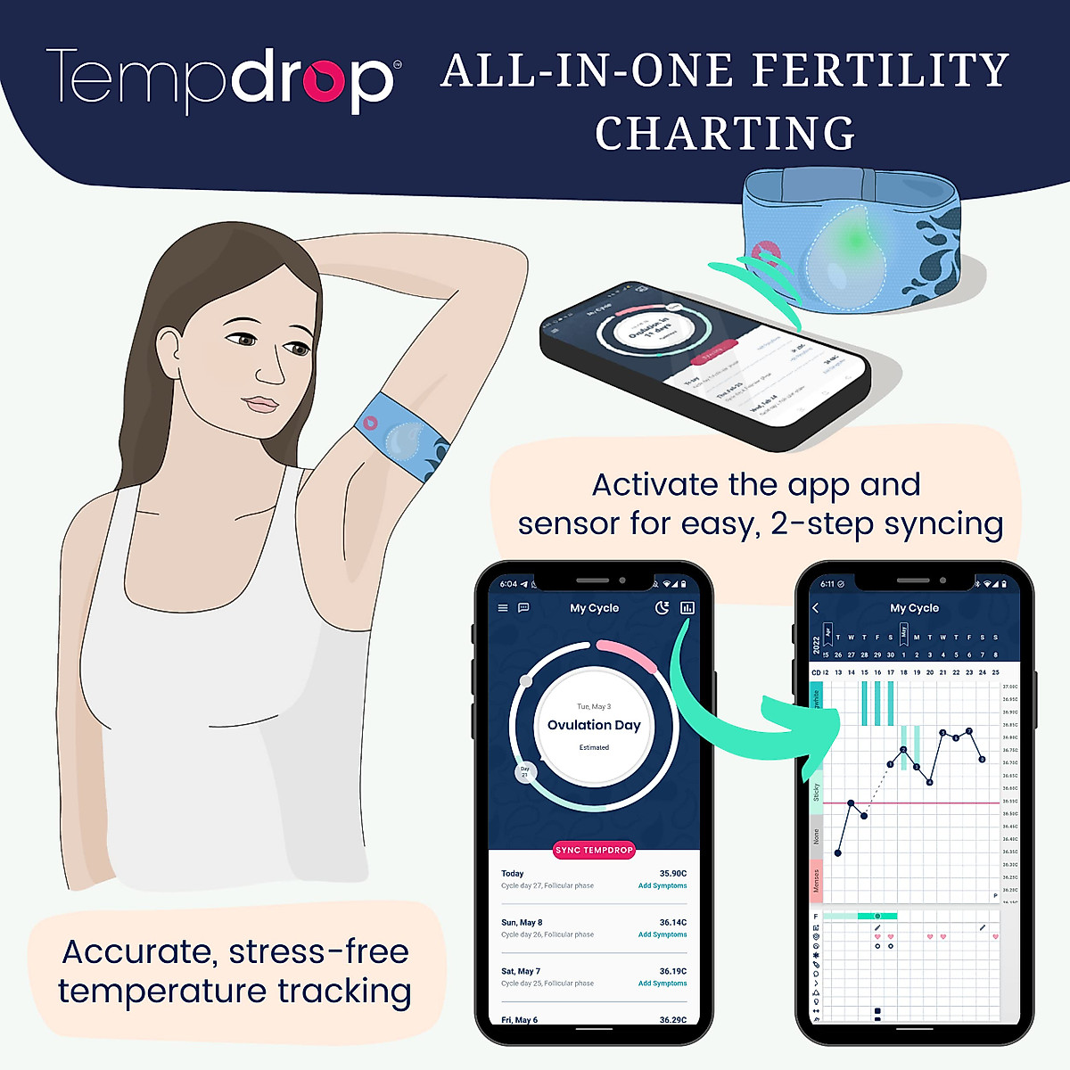 Tempdrop Fertility and Ovulation Digital Thermometer Tracker – Wearable Basal Body Temperature (BBT) Monitoring Sensor and Fertility Charting App Includes Comfortable Armband (S/M – 8.5-15.5 inch)