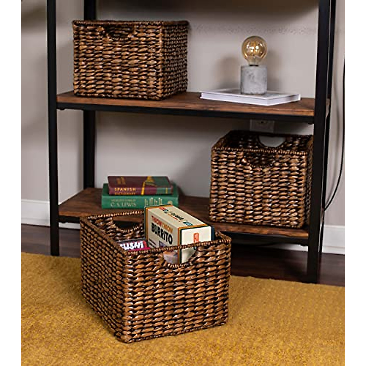 BIRDROCK HOME Storage Shelf Baskets with Handles - Set of 3 - Abaca Seagrass Wicker Basket - Pantry Bathroom Shelves Organization - Natural Under Shelf Basket - Handwoven (Brown Wash)