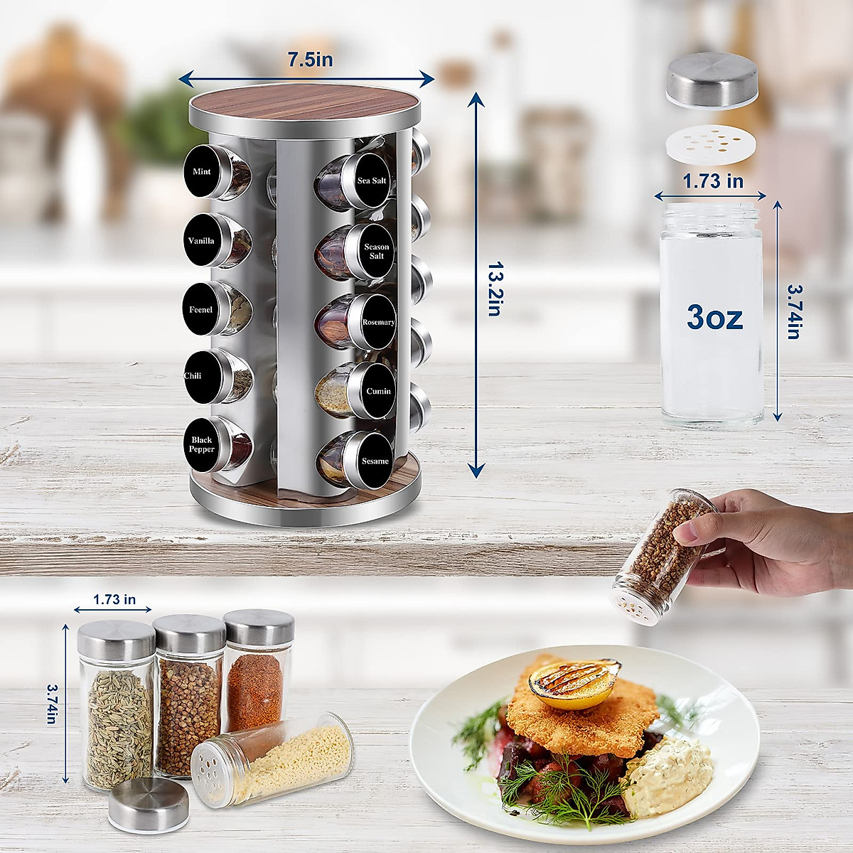 Rotating Spice Rack Organizer for Cabinet, 20 Jars Revolving Seasoning Organizer for Kitchen, Stainless Steel Spice Tower for Countertop with Reuseable Labels and Funnel
