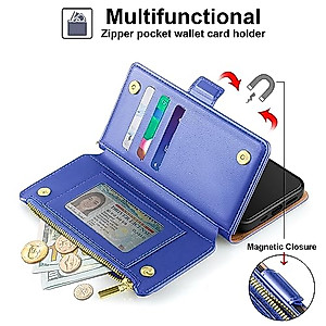 Antsturdy for iPhone 13 Pro Wallet case Women with Card Holder,PU Leather 【RFID Blocking】 iPhone 13 Pro Phone case Men Flip Folio Shockproof Cover with Strap Zipper Credit Card Slots,Purple Blue