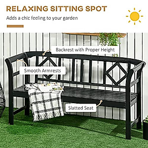 Outsunny Three-Person Wooden Bench, Three-Seater Outdoor Patio Bench, Backrest and Armrests, Rustic Country Diamond Pattern, Slatted Seat for Backyard, Porch Garden, Black