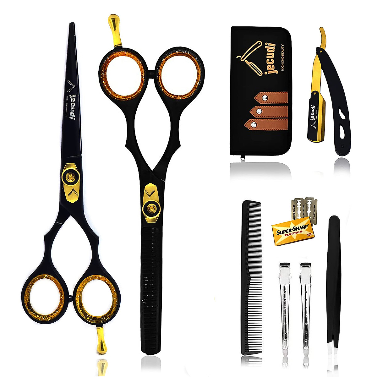 Jecudi Professional Hair Cutting Scissors Set - Handmade Japanese Stainless Steel, Includes Barber Scissors, Hair Shears, Tweezers, Razor, 10 Blades, Comb, 2 Hair Clips & Cleaning Cloth.