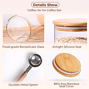 ComSaf Glass Coffee Container with Shelf, 2PCS Coffee Bean Storage Jars, 44 OZ Coffee Canister with Scoop, Glass Canister with Airtight Lid for Kitchen Coffee Station Organizer for Coffee, Sugar, Tea