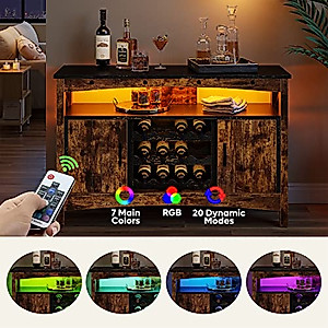 Bestier Wine Bar Cabinet with Detachable Wine Rack Insert, Farmhouse Coffee Bar Sideboard with LED Lights,Wood Entryway Console with Barn Door Rustic Brown