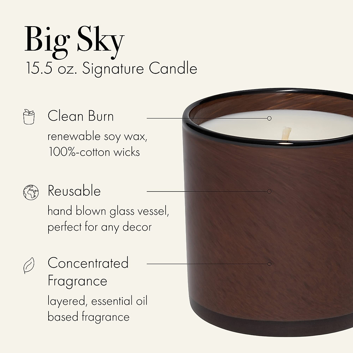 LAFCO New York Signature Candle, Big Sky - 15.5 oz - 90-Hour Burn Time - Reusable, Hand Blown Glass Vessel - Made in The USA