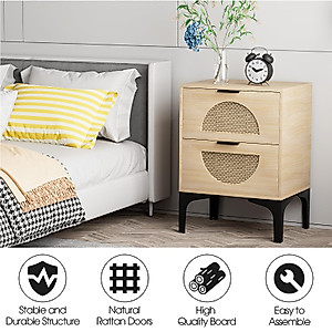 Aenuert Rattan Nightstand with 2 Drawers, Wooden Boho Side Table with Storage, Bedside End Table for Bedroom, Dorm and Small Spaces(Natural)