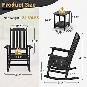 LUE BONA Outdoor Rocking Chairs Set of 3, 2 Chairs & 1 Table HDPS Poly Rocking Chair, All Weather Resistant, Heavy Duty Rocking Chair for Patio, Lawn, Garden, 300LBS, Black