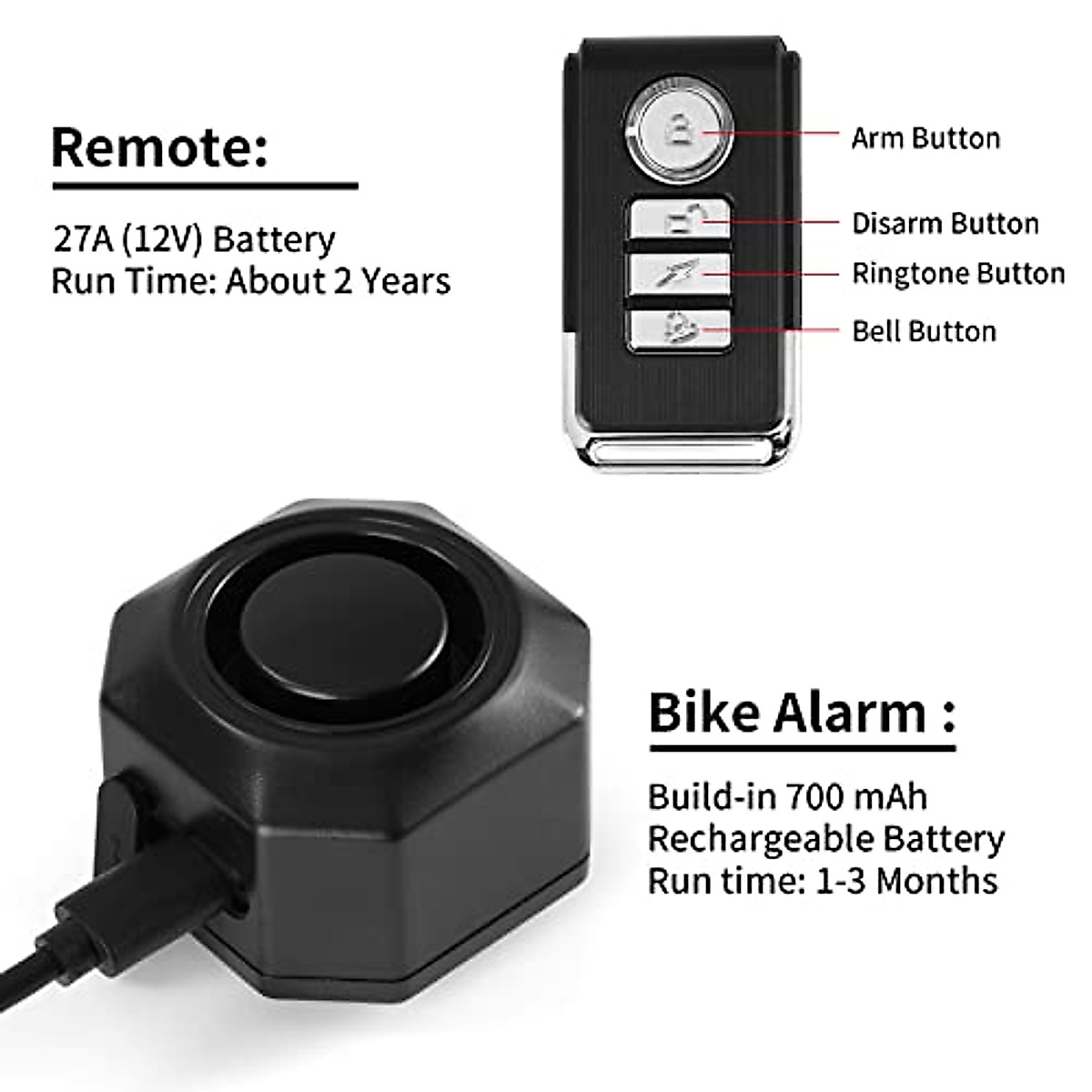 Rupse Rechargeable Bike Alarm with Remote, Motorcycle Alarm System with Motion Sensor, Waterproof 110dB Loud Anti-Theft Alarm Wireless Alarm System Outdoor for Motorcycle Bike E-Bike Scooter Vehicle